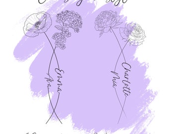 Custom Floral Name Design, Two Names Birth Month Flowers Tattoo Art ...