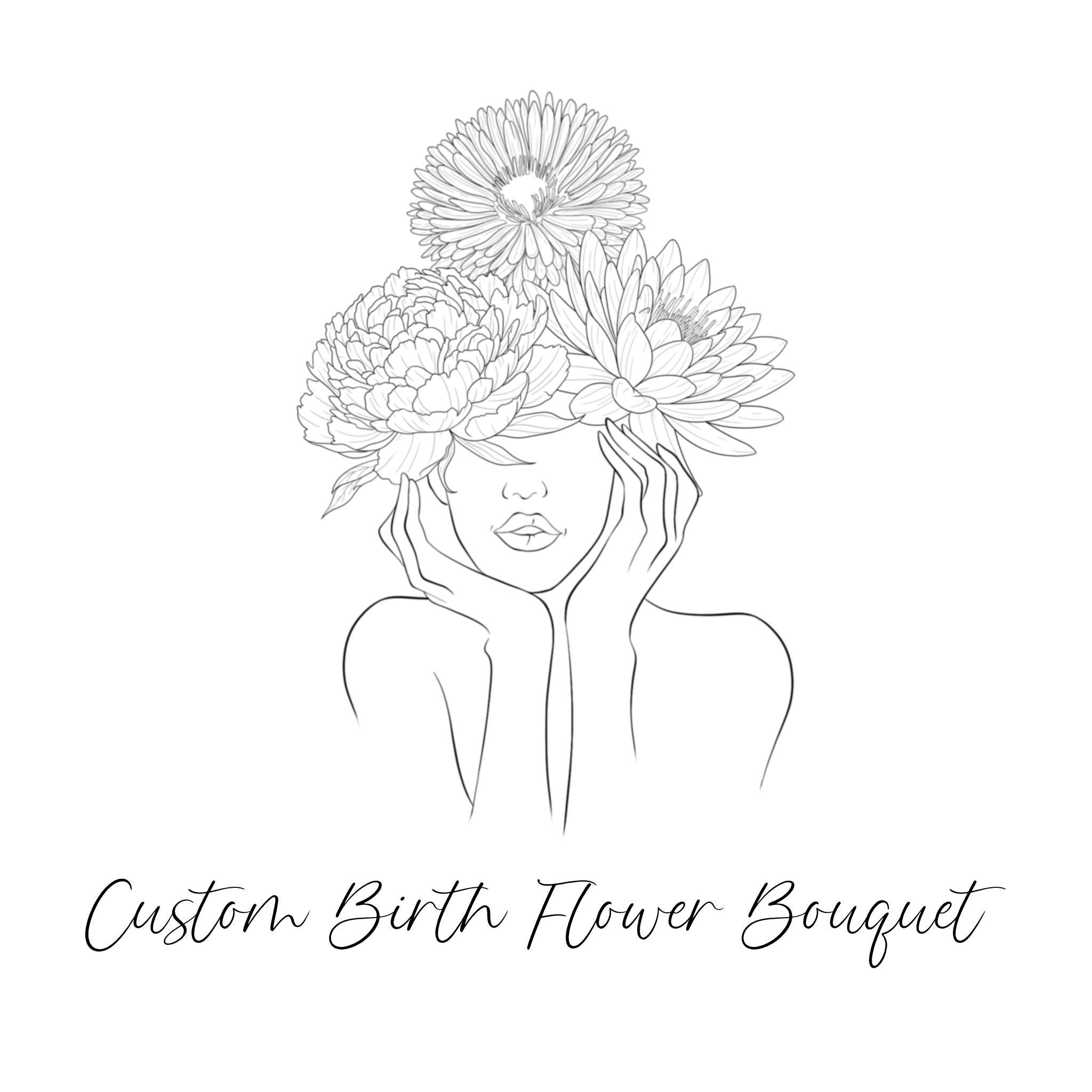 DIGITAL Custom Birth Month Flower Bouquet With Lady Face, Minimalist ...