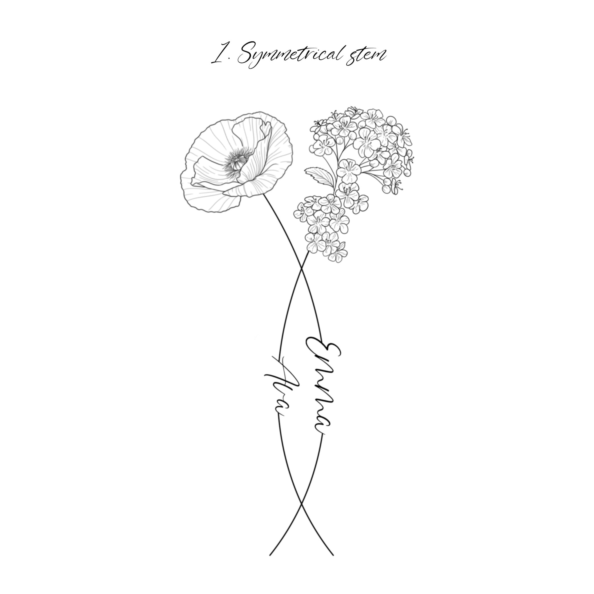 Custom Floral Name Design, Two Names Birth Month Flowers Tattoo Art ...