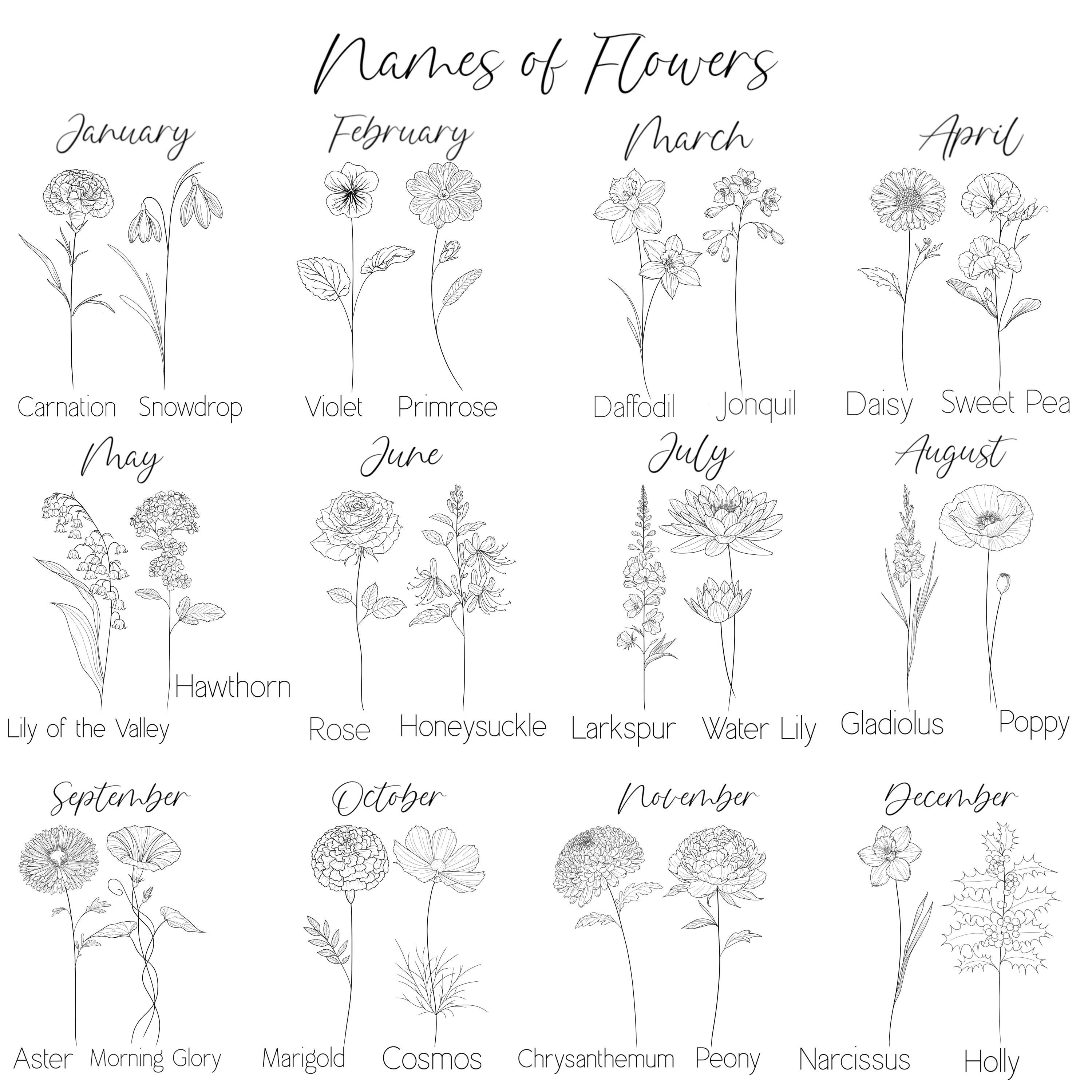 DIGITAL Custom Birth Month Flower Bouquet With Lady Face, Minimalist ...