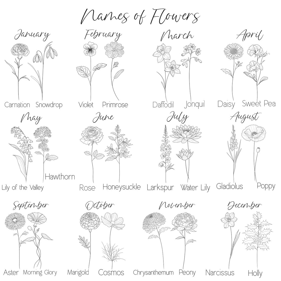 Digital Custom Birth Flower Tattoo Design, Matching Personalized Floral ...