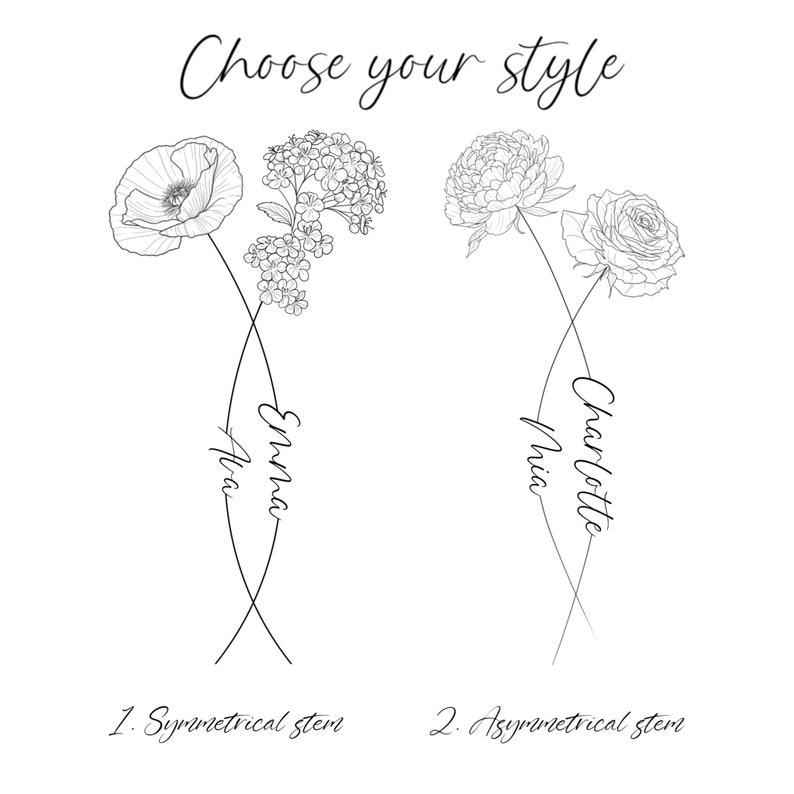 Custom Floral Name Design Two Names Birth Month Flowers Tattoo Art Sketch Line Art Birth