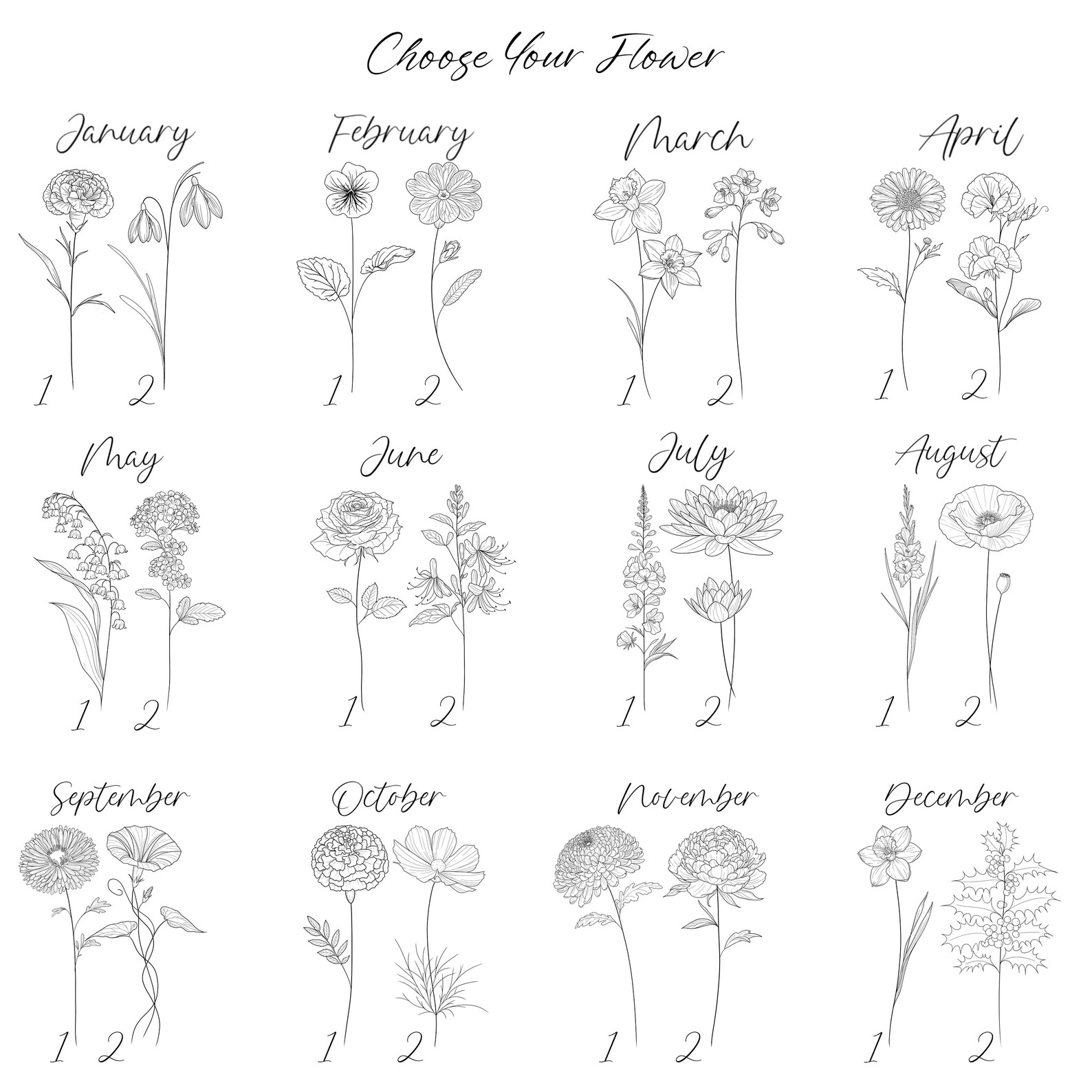Custom Floral Name Design, Two Names Birth Month Flowers Tattoo Art ...