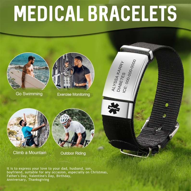 Waterproof Adjustable Medical Alert Bracelet, Personalized Medical Rope ...