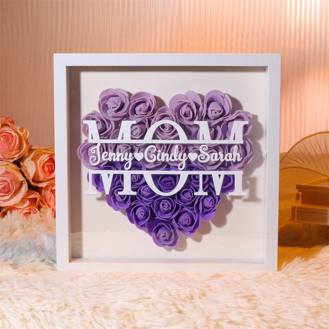 Purple Roses Heart Shadow Box for Mom, Custom Flower Shadowbox With ...