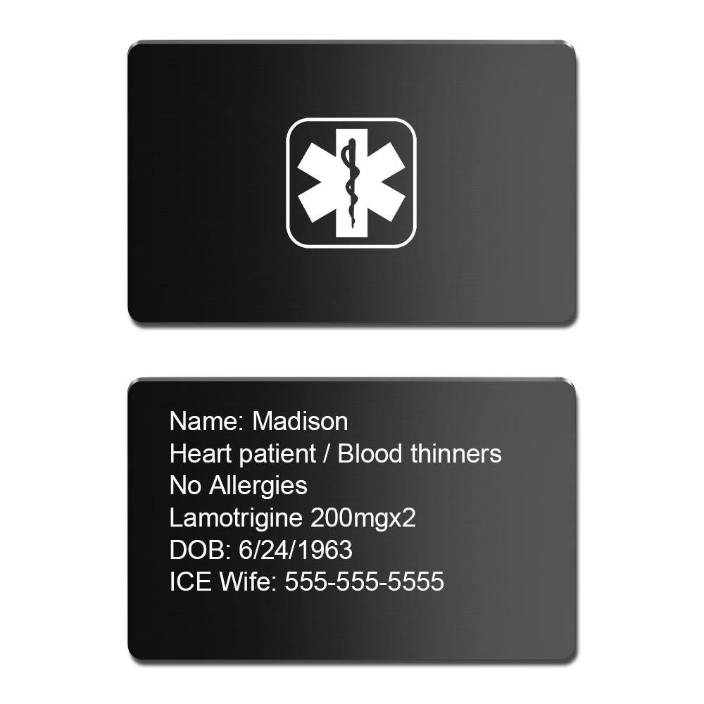 Custom Medical Wallet Insert, Medical ID Card, Stainless Steel Medical ...