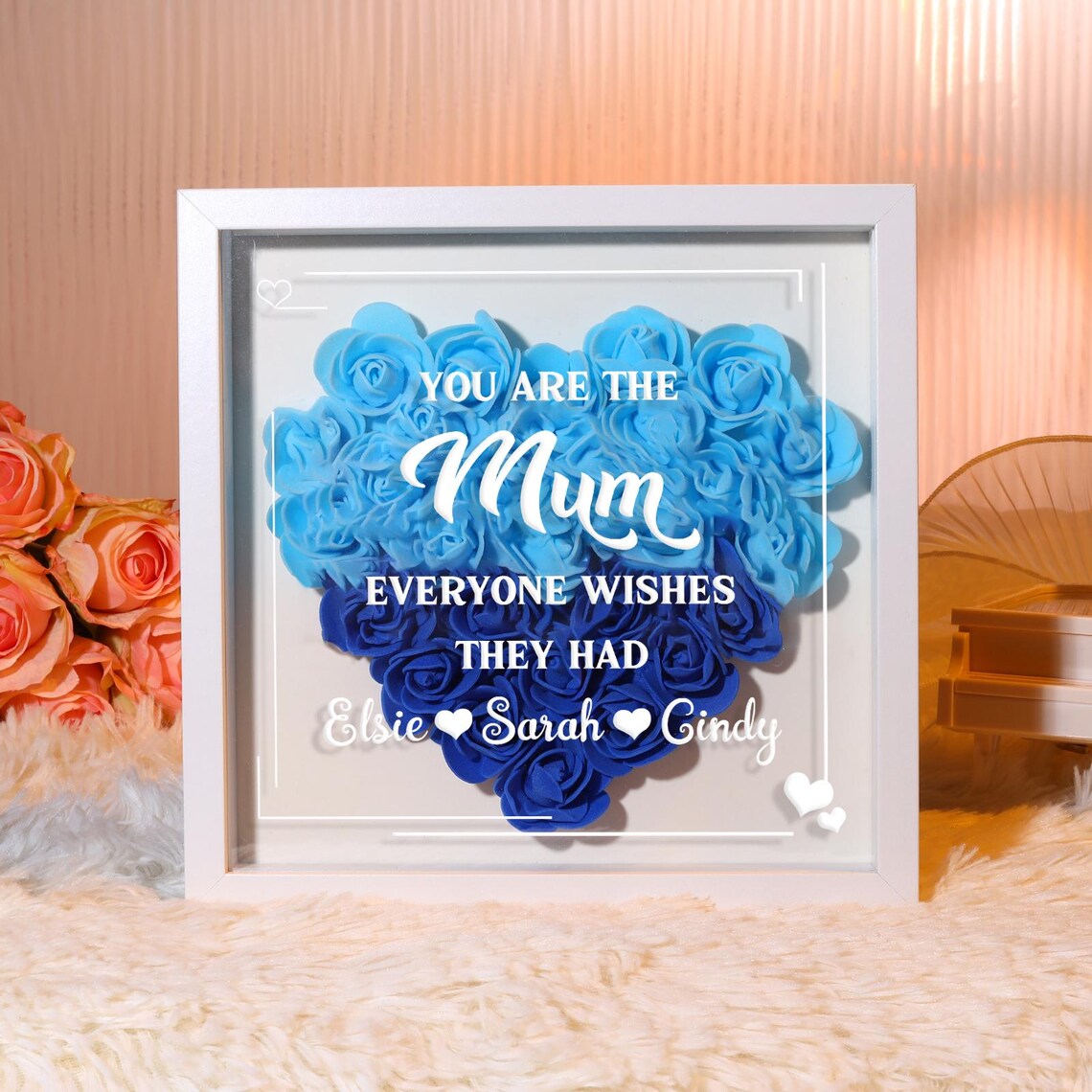 Personalized Roses Heart Shadow Box for Mom, Custom Flower Shadowbox ...