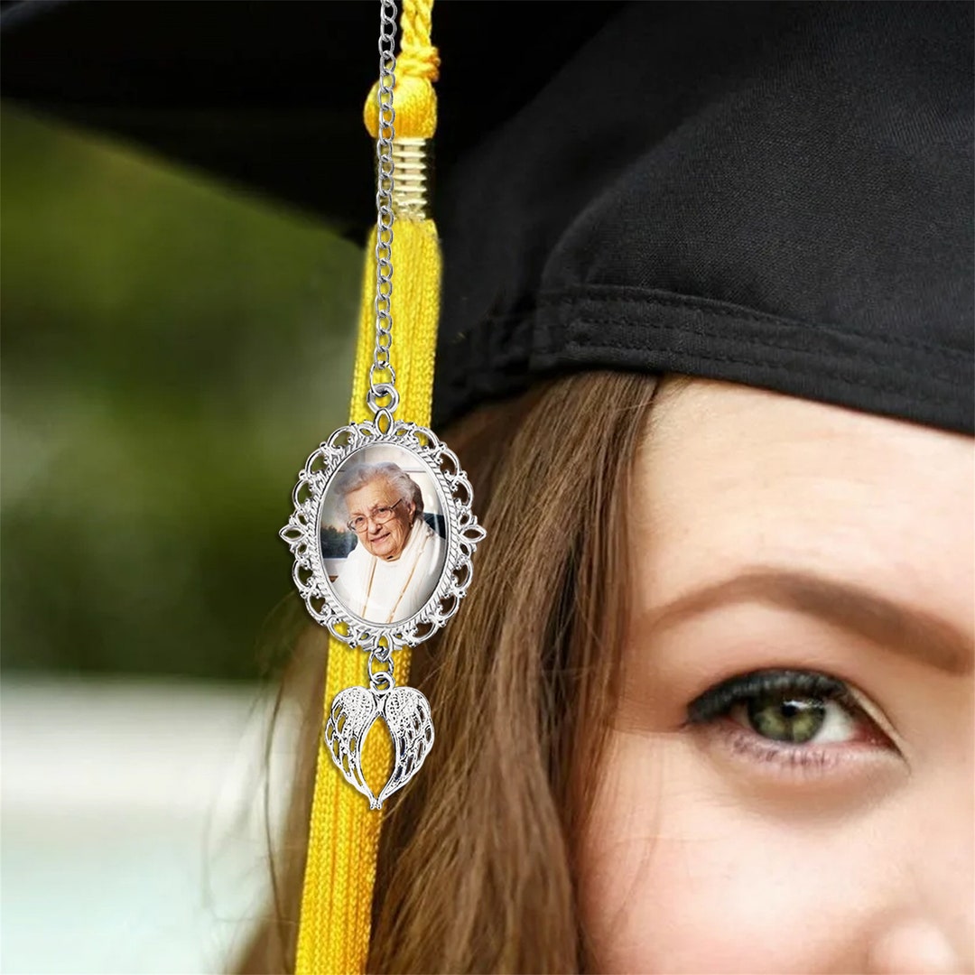 Custom Text Graduation Tassel Photo Charm With Angel Wings, Memorial ...