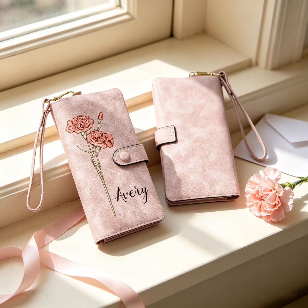 Personalized Birth Flower Leather Wallet for Women | Custom Name Wallet ...