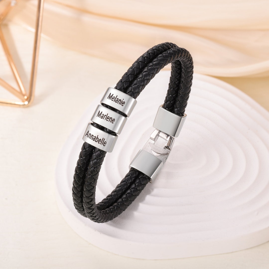 Mens Leather Bracelet for Father's Day, Custom Beads Mens Bracelet ...