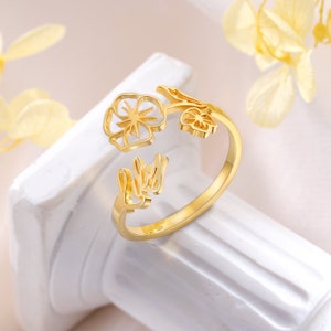 Birth Flower Ring, Adjustable Ring, Birth Flower Jewelry, Birth Month ...