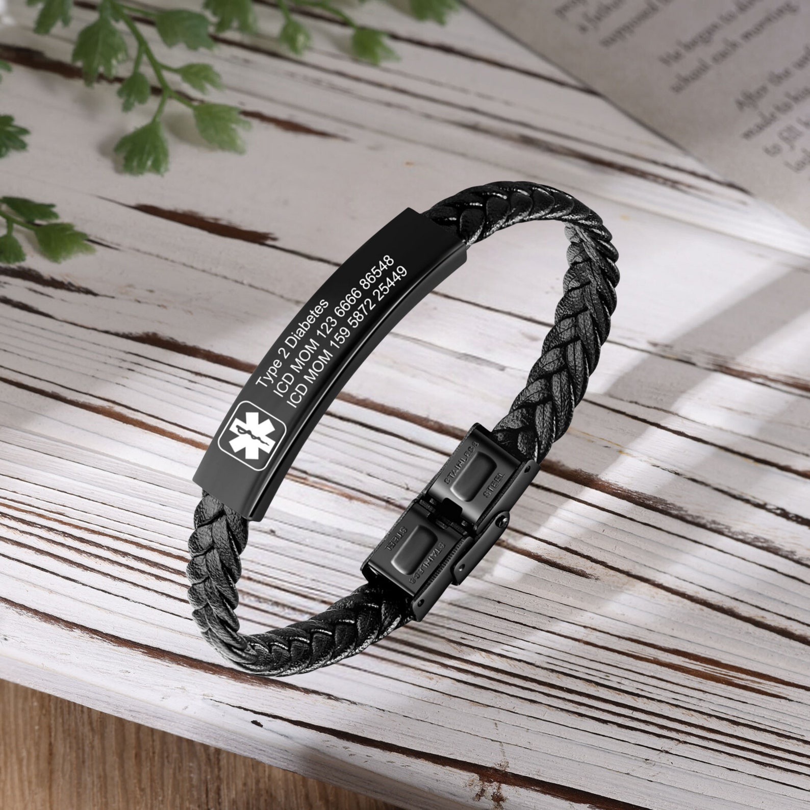 Custom Medical Alert Bracelet, Personalized Leather Rope Bracelet With ...