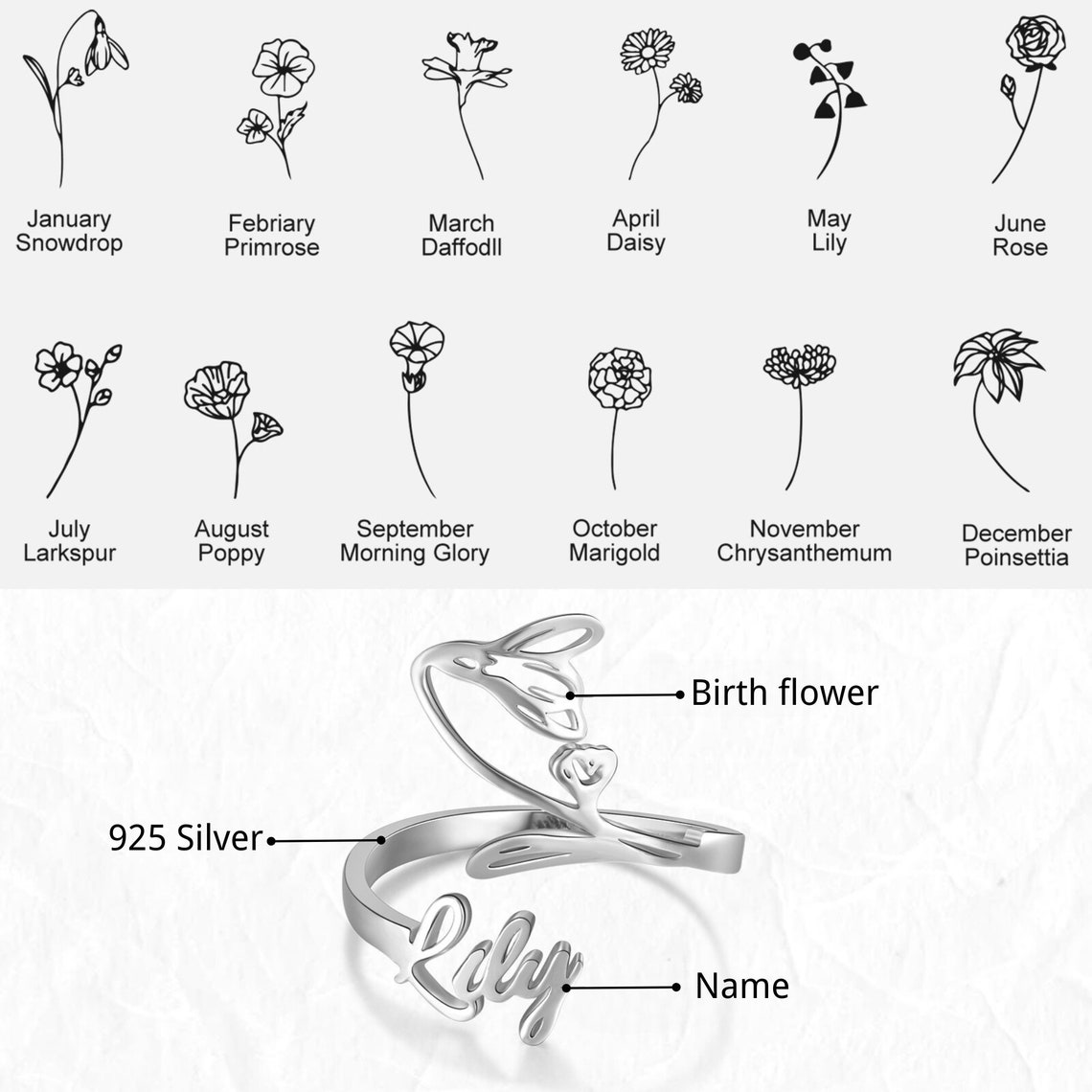 Birth Flower Ring, Adjustable Ring, Birth Flower Jewelry, Birth Month ...