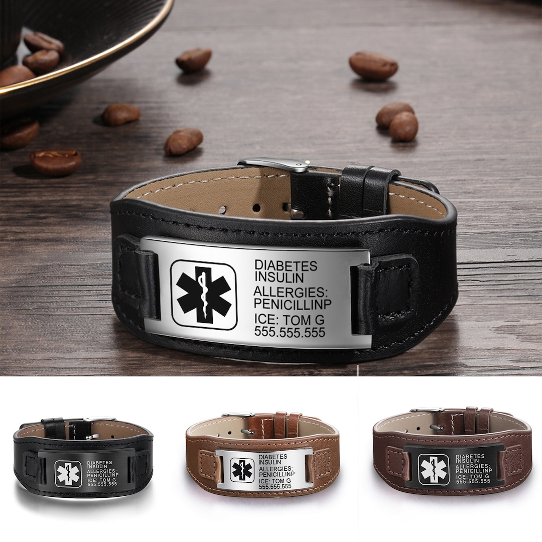 4 Colors Medical Alert Bracelet, Personalized Medical Leather Bracelet ...