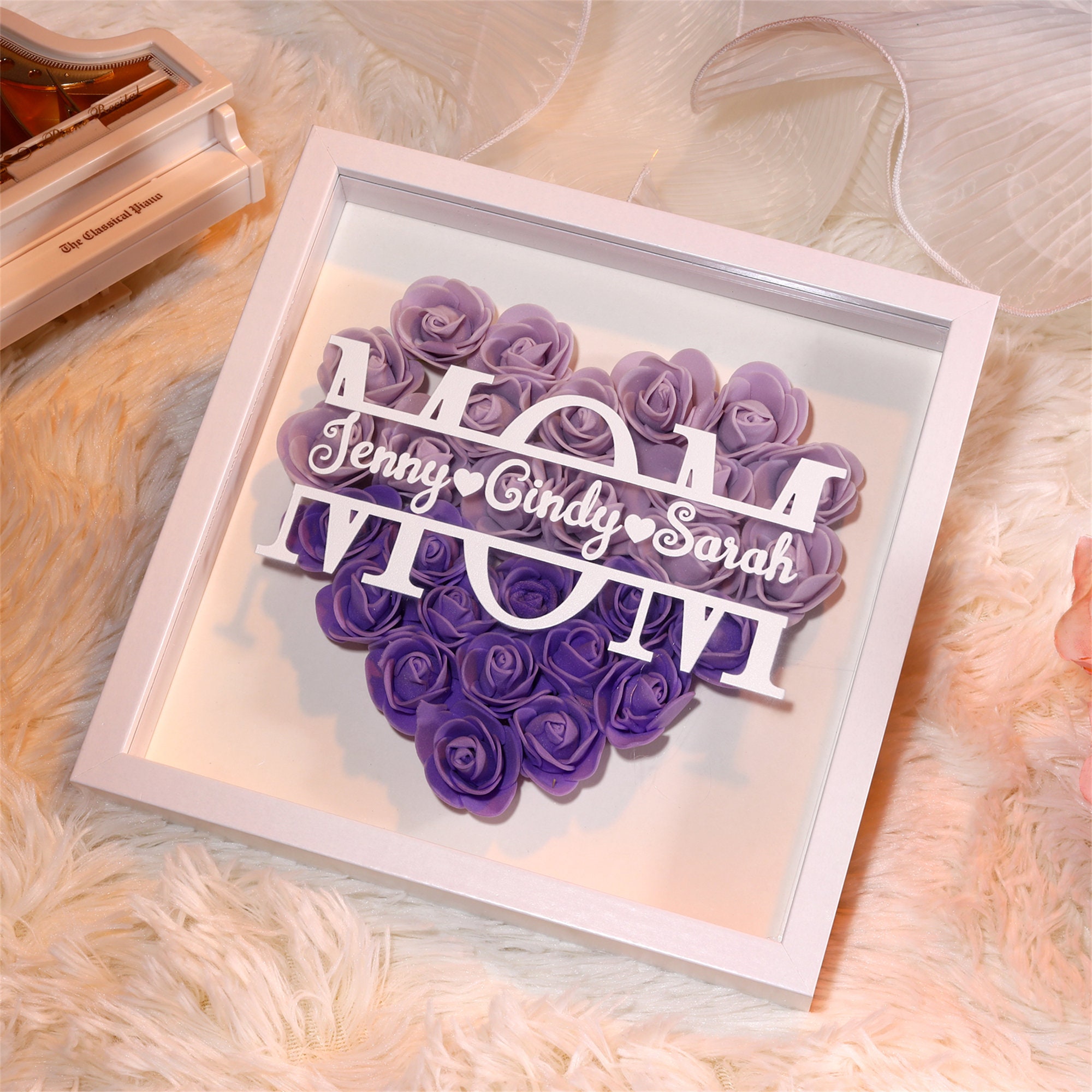 Personalized Roses Heart Shadow Box for Mom, Custom Flower Shadowbox ...