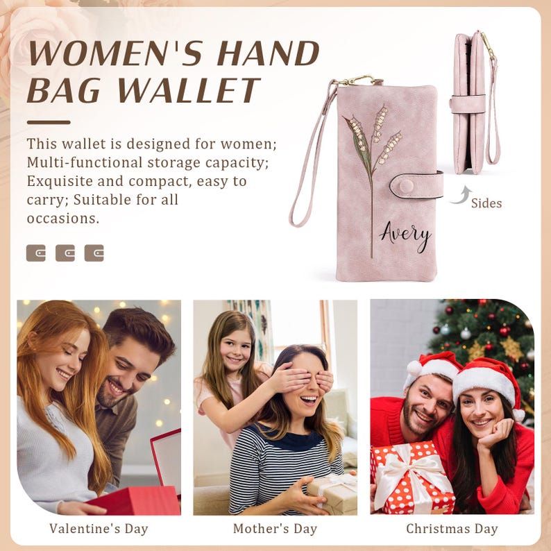 Personalized Birth Flower Leather Wallet for Women | Custom Name Wallet ...