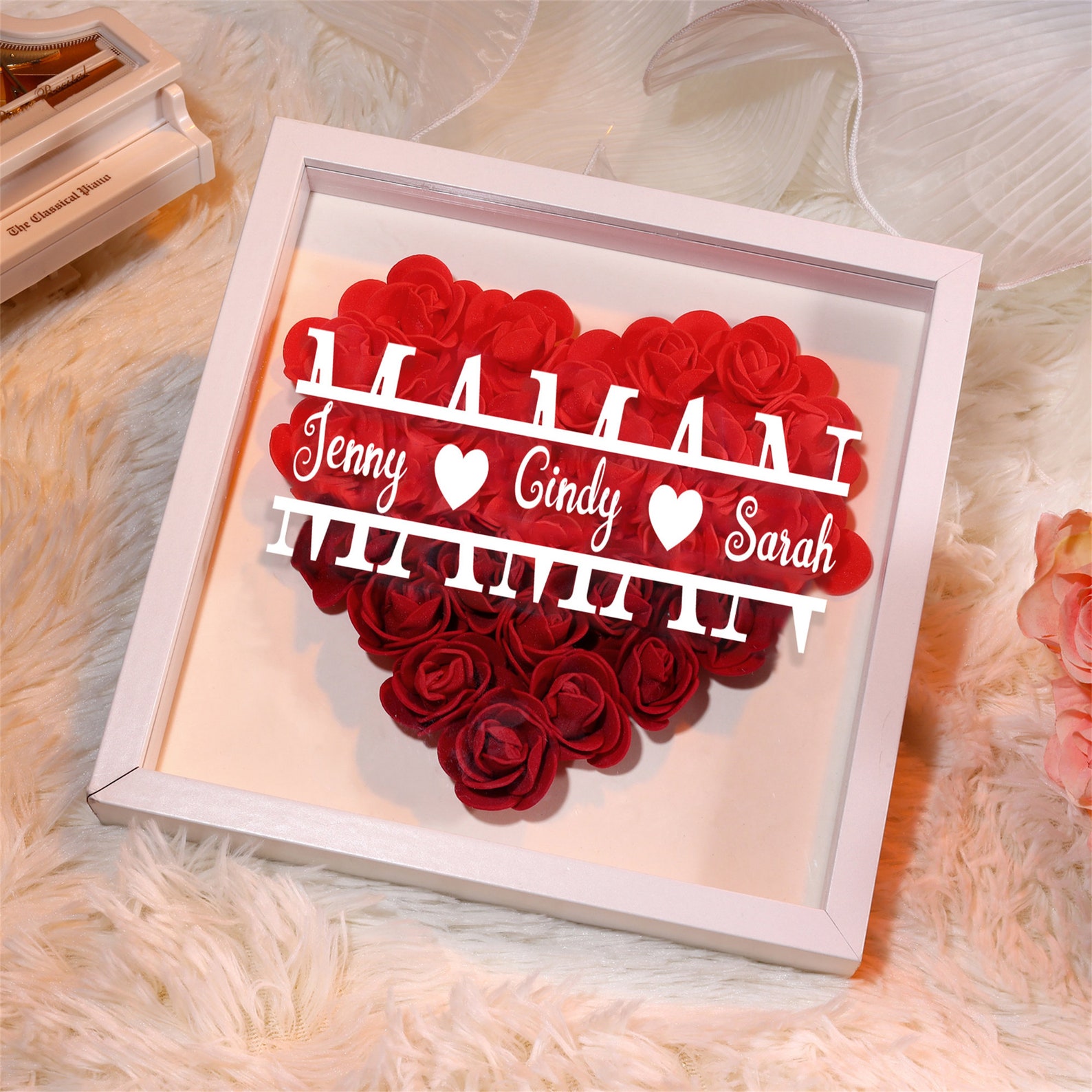 Personalized Roses Heart Shadow Box for Mom, Custom Flower Shadowbox ...