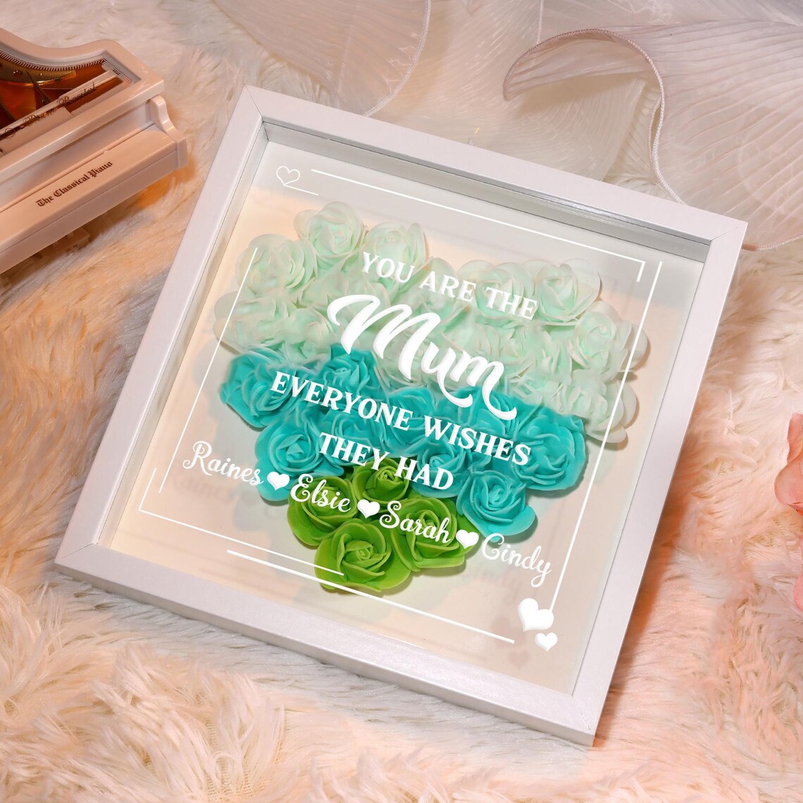 Personalized Roses Heart Shadow Box for Mom, Custom Flower Shadowbox ...