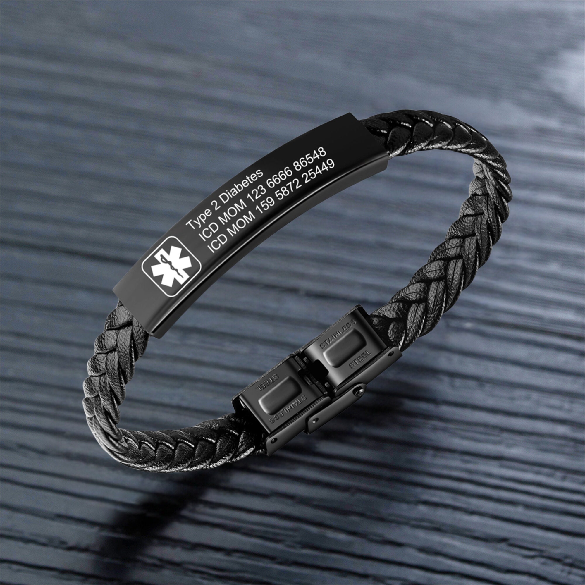 Custom Medical Alert Bracelet, Personalized Leather Rope Bracelet With ...