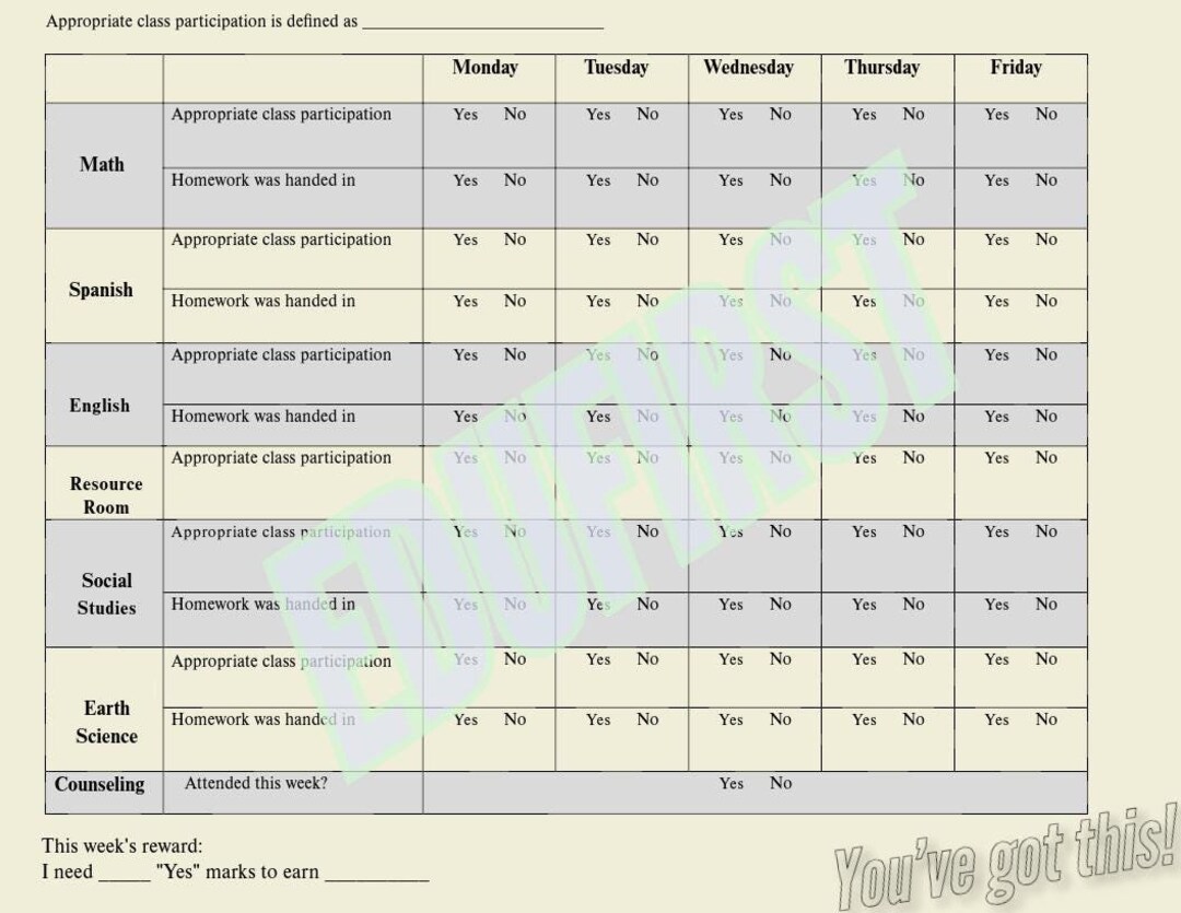 Weekly School Tracker – Class Participation & Homework Monitor ...