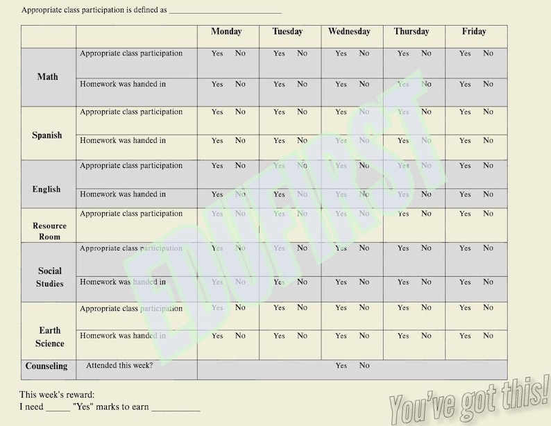 Weekly School Tracker – Class Participation & Homework Monitor ...