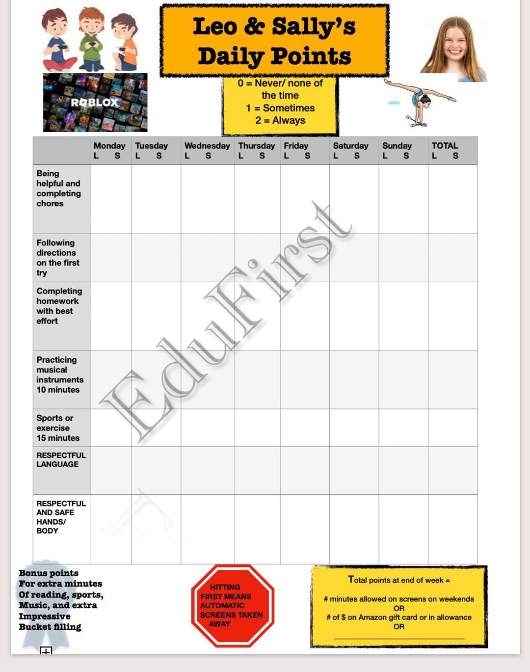 Behavior Tracking Points System for Kids at Home- Doc and PDF Versions ...