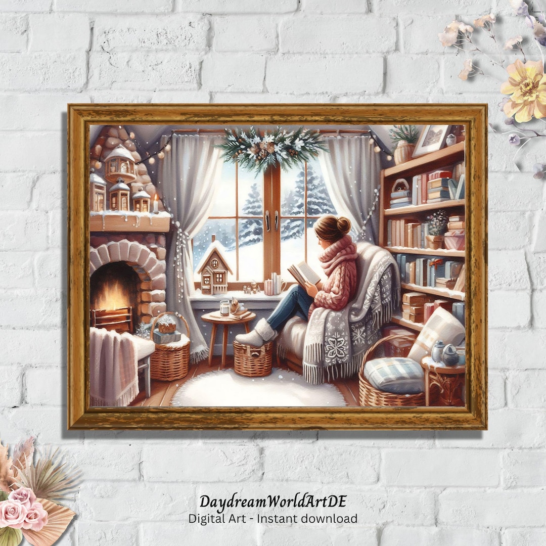 Printable Art Cozy Winter Cottage Life, Cozy Reading in Winter, Winter ...