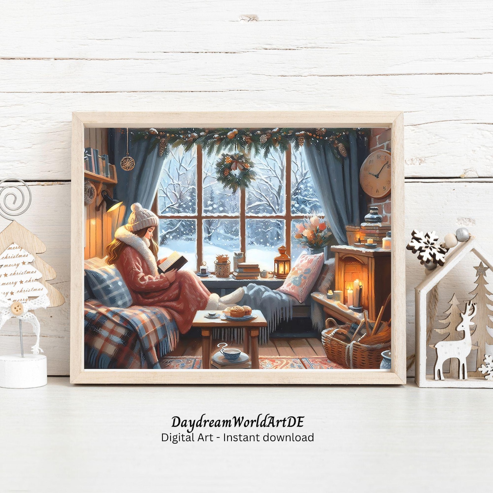 Printable Art Cozy Winter Cottage Life, Cozy Reading in Winter, Winter ...