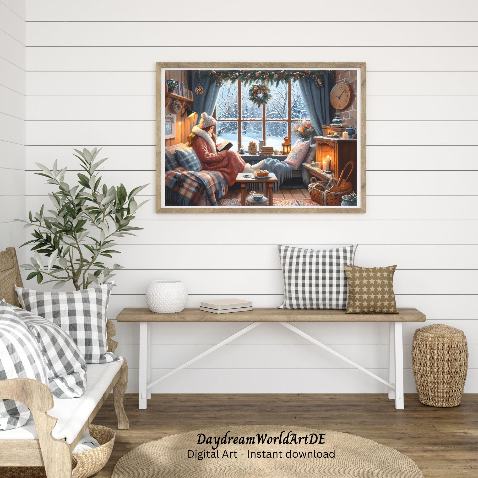 Printable Art Cozy Winter Cottage Life, Cozy Reading in Winter, Winter ...