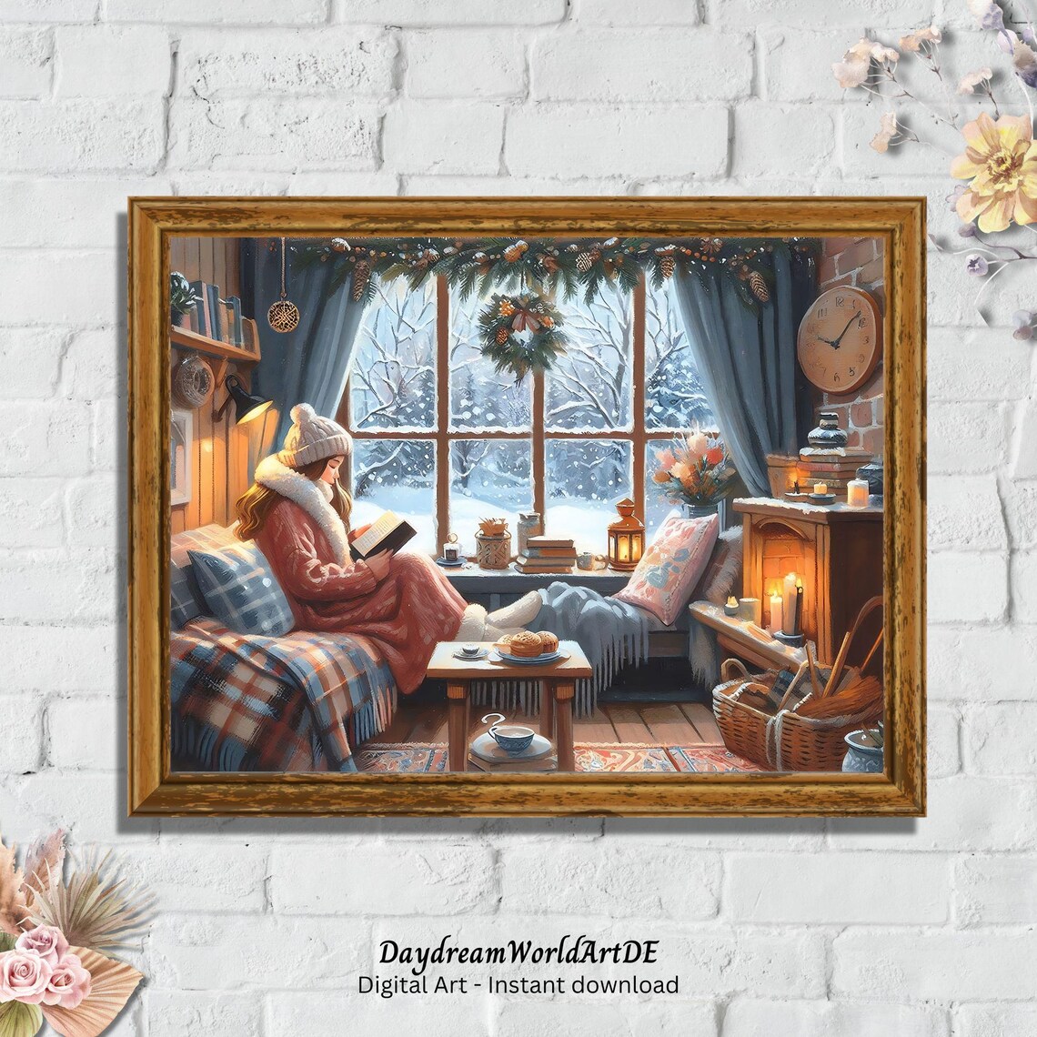 Printable Art Cozy Winter Cottage Life, Cozy Reading in Winter, Winter ...