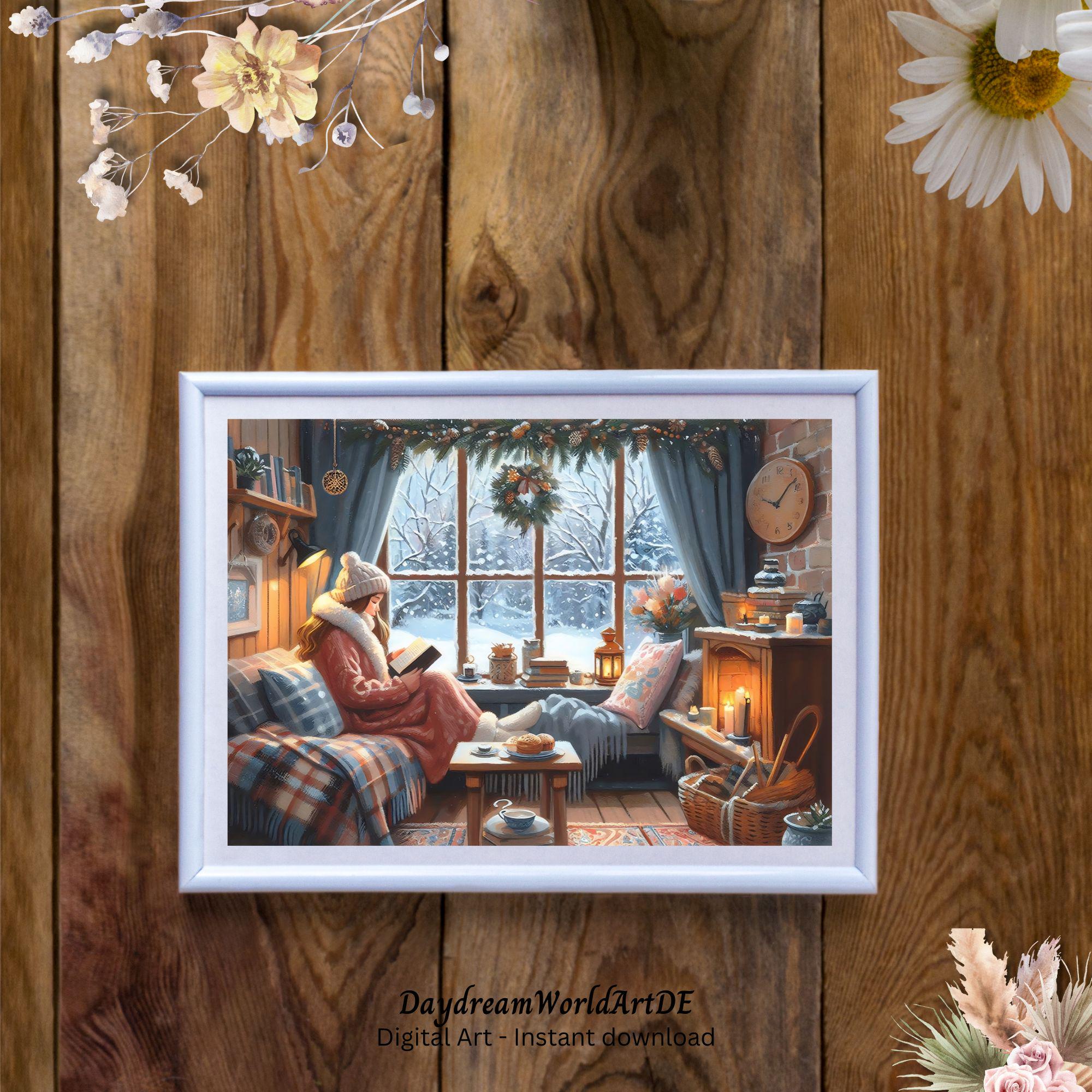 Printable Art Cozy Winter Cottage Life, Cozy Reading in Winter, Winter ...