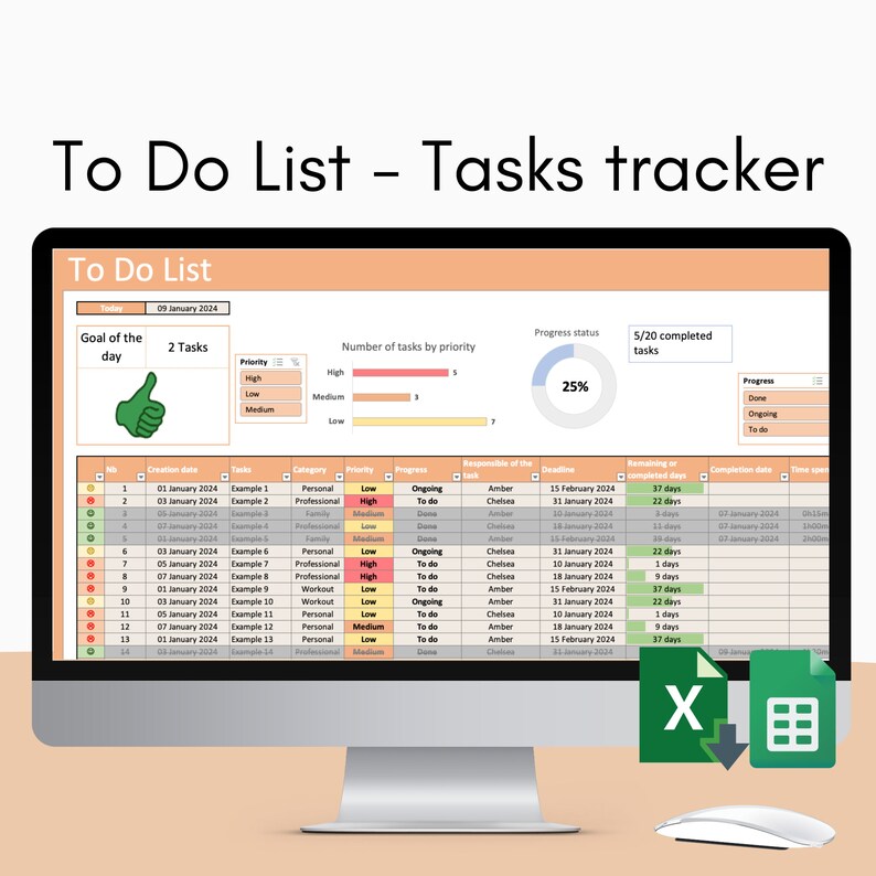 To Do List Tasks Tracker Orange Version Excel and Googlesheet Template ...