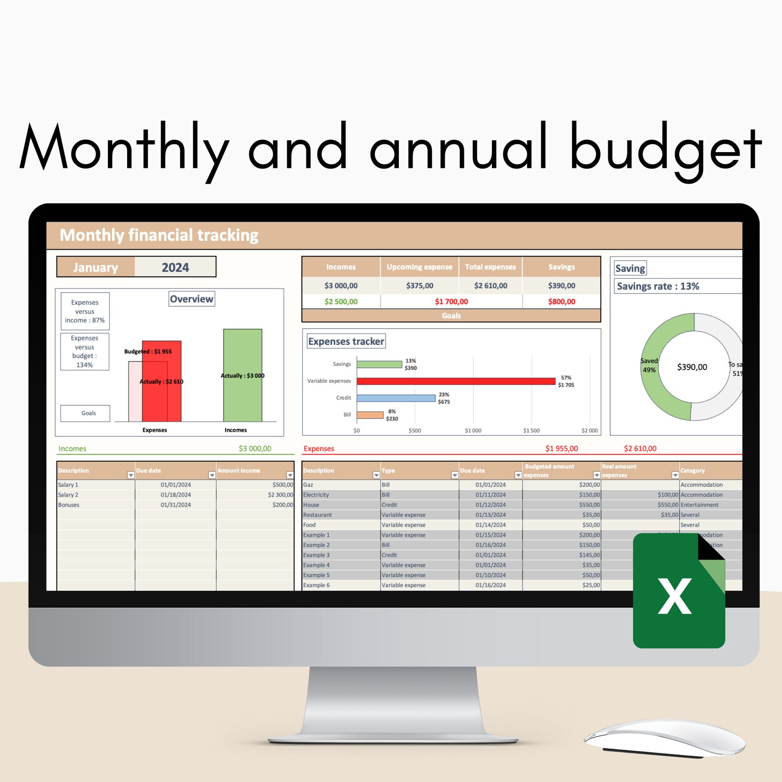 Budget Mensuel Et Annuel 2024 Avec Modèle De Calendrier Excel Beige - Etsy