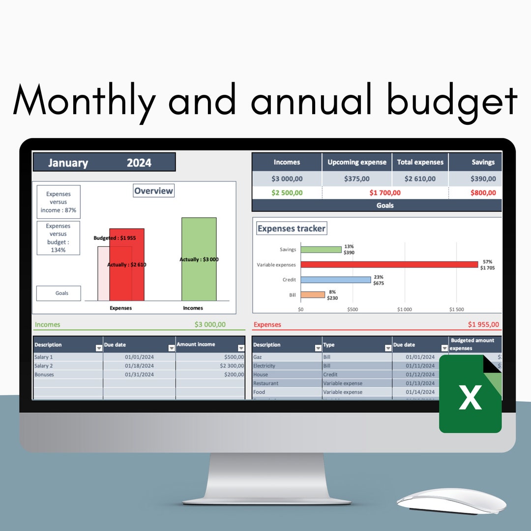 Budget Mensuel Et Annuel 2024 Avec Modèle De Calendrier Excel Bleu - Etsy