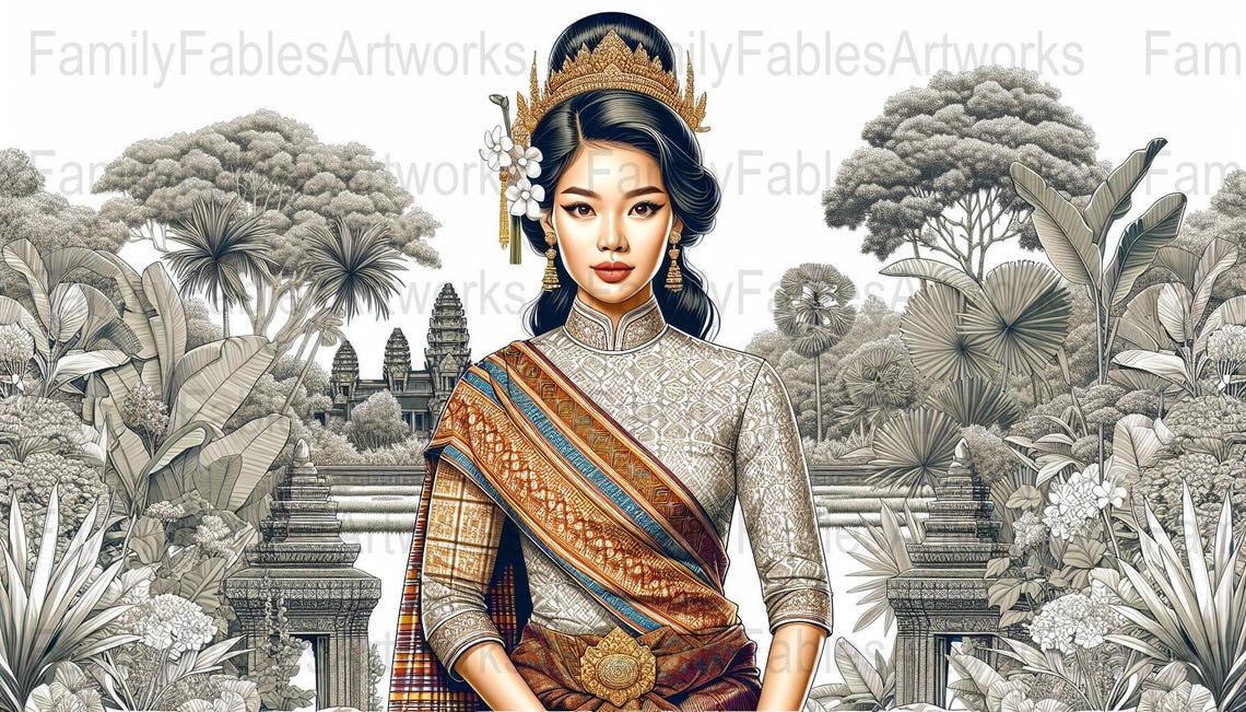 Traditional Khmer Dress Art, Cambodian Cultural Print, Khmer Painting ...