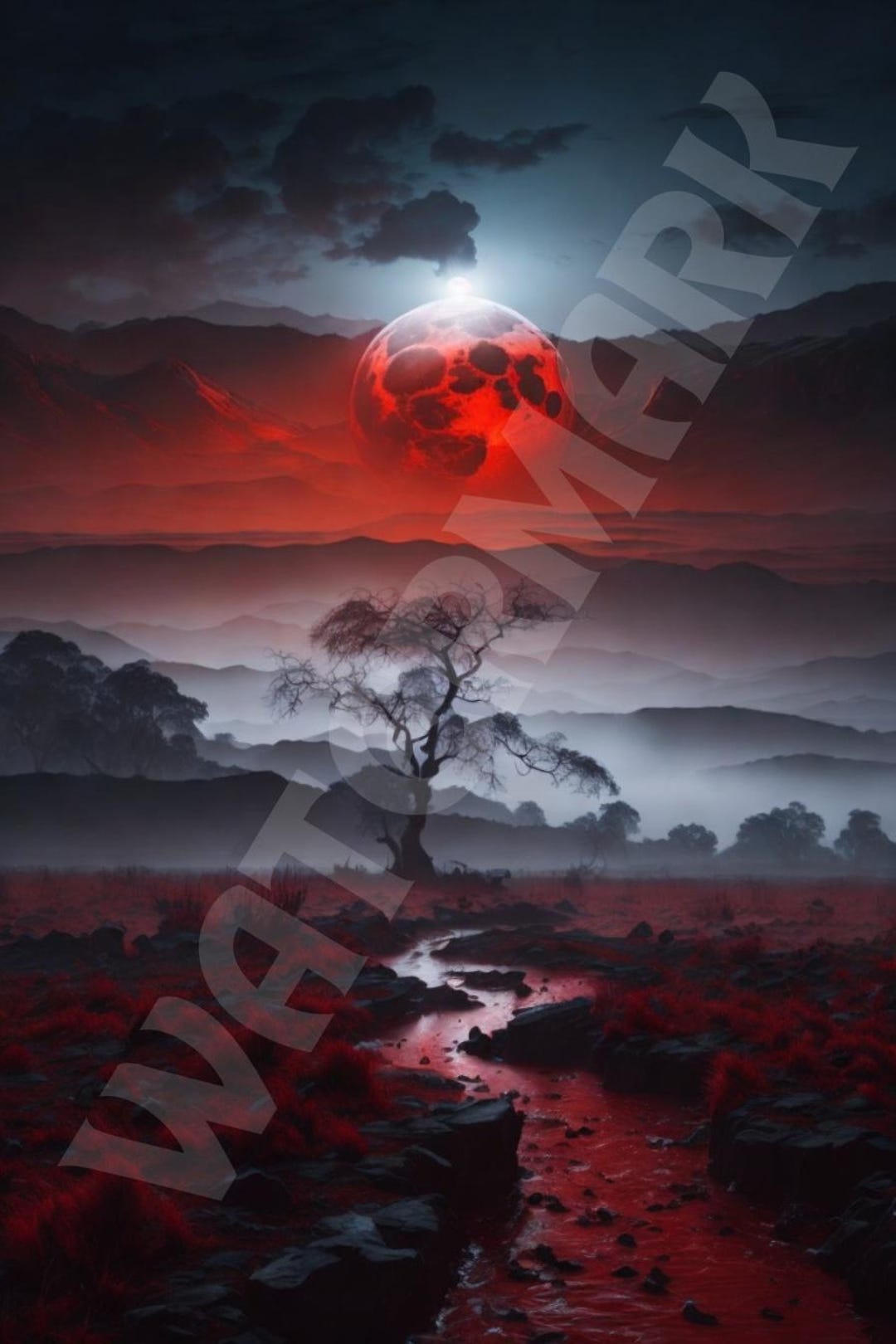 Blood Moon Mystique, Fog-shrouded Landscape Under a Crimson Sky ...
