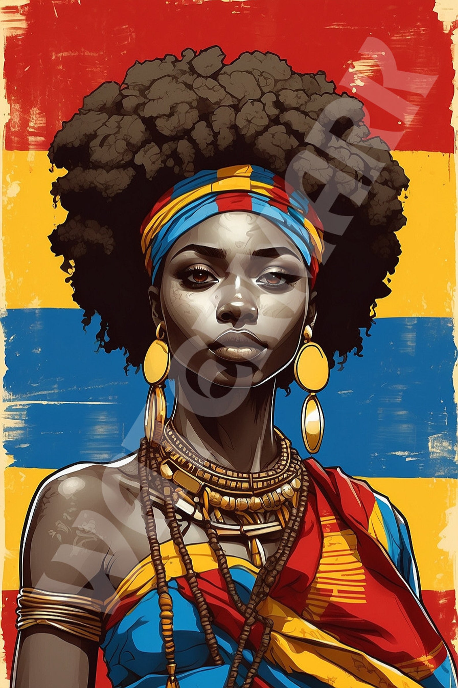 Congolese Woman Digital Art Portrait, Afro Hair Beauty, Vibrant Colors ...