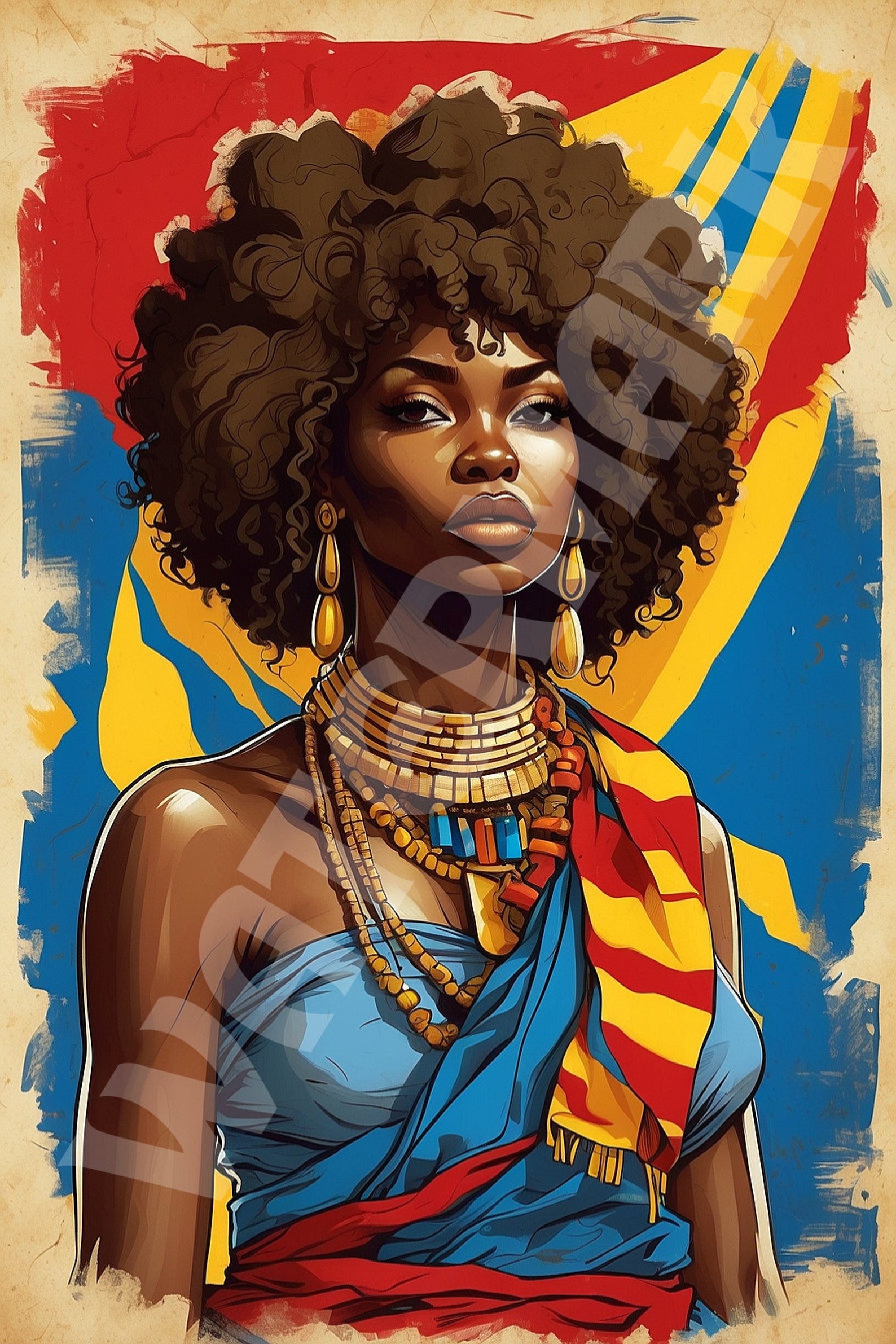 Congolese Woman Digital Art Portrait, Afro Hair Beauty, Vibrant Colors ...
