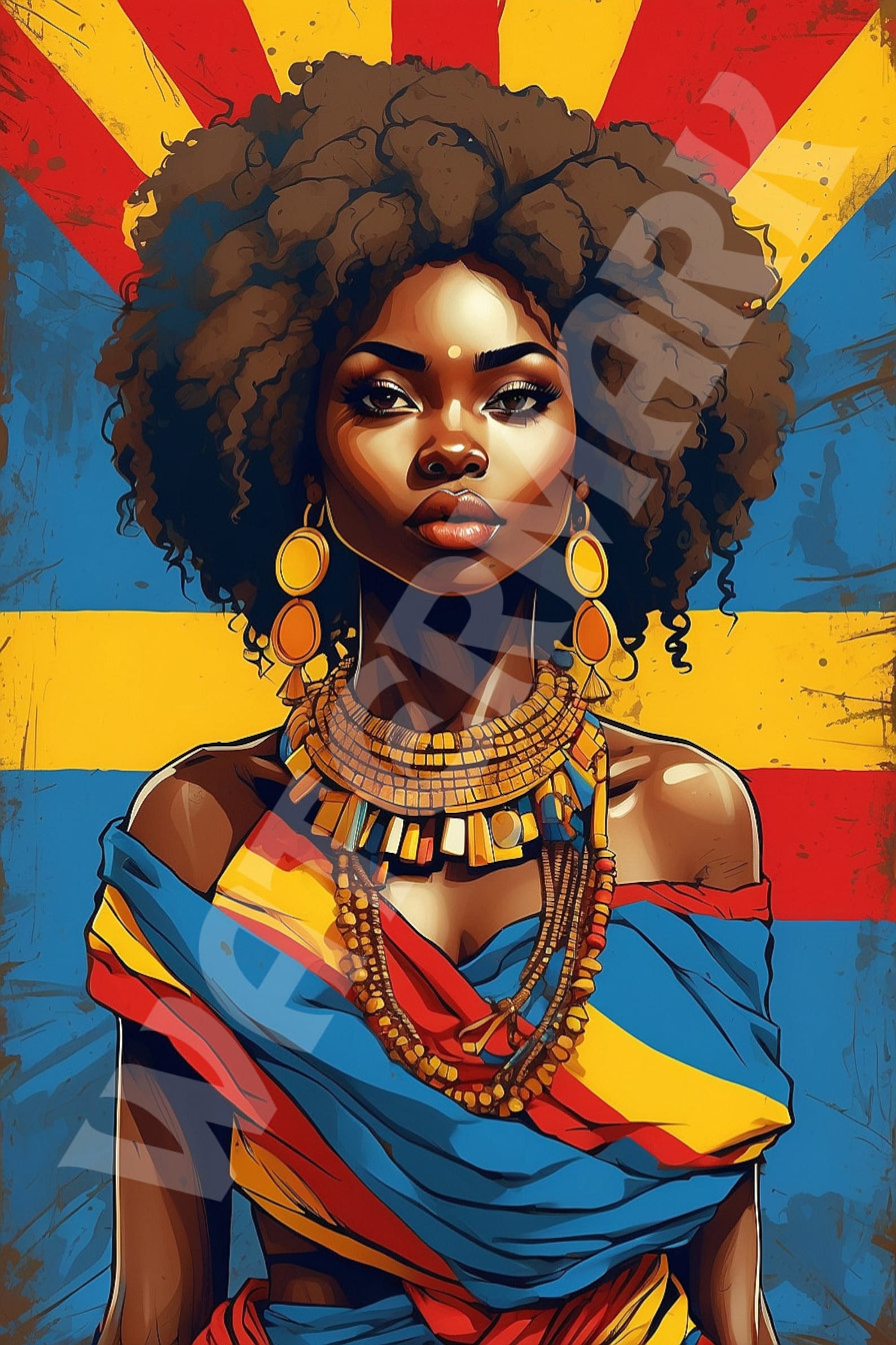 Congolese Woman Digital Art Portrait, Afro Hair Beauty, Vibrant Colors ...