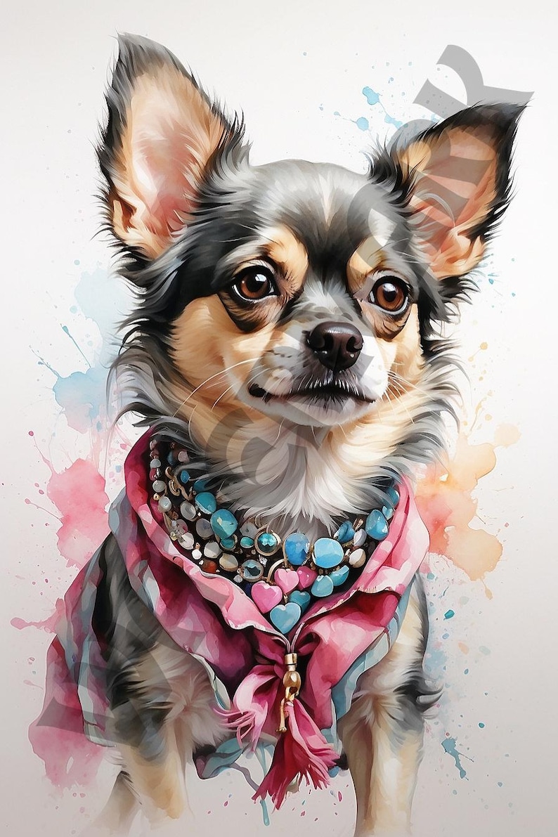 Watercolor Merle Chihuahua Art Print, Playful Canine Design (digital ...