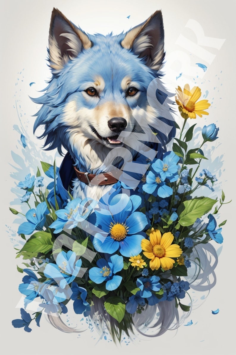Wolf With Blue Flowers: Elegant Clipart Design for Shops, Ideal for ...