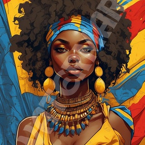 Congolese Woman Digital Art Portrait, Afro Hair Beauty, Vibrant Colors ...
