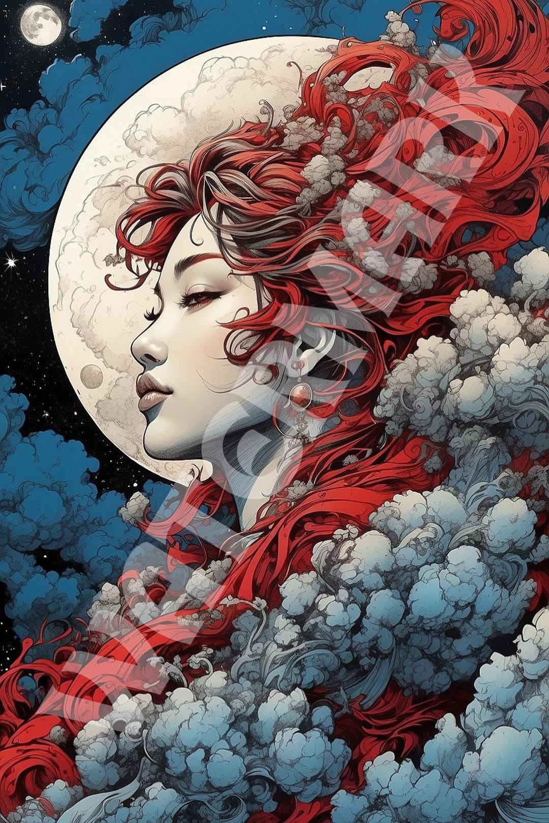 Moon Goddess Digital Art Print, Fantasy Art Woman With Red Hair ...