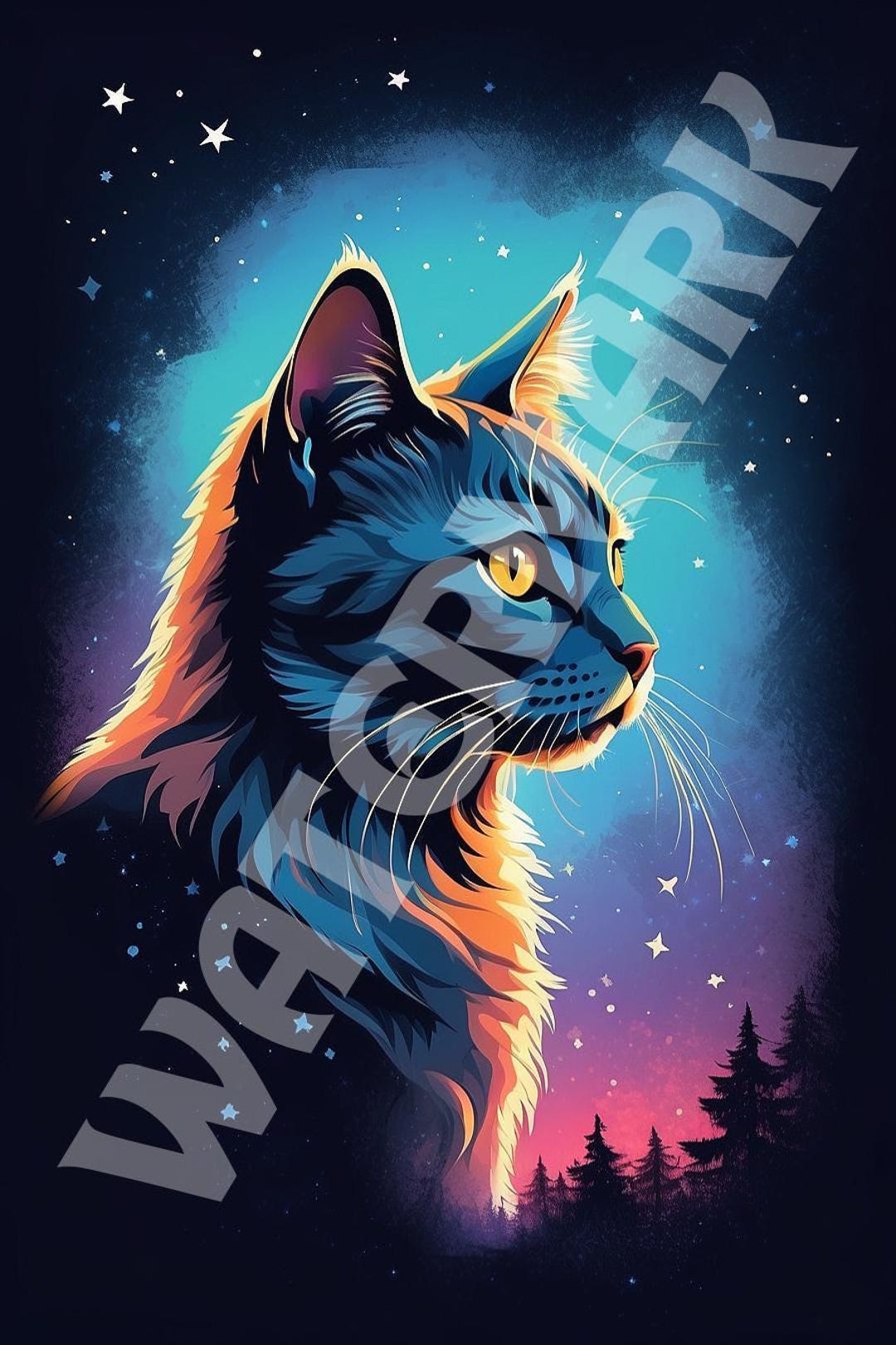 Cosmic Cat Art Print, Digital Cat Poster, Celestial Feline Wall Art ...