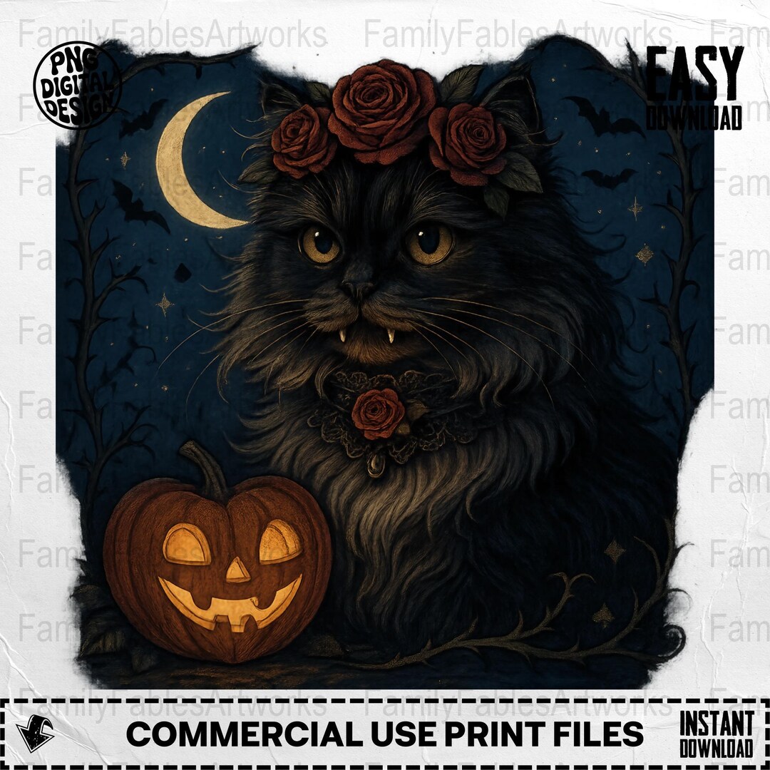 Gothic Vampire Cat Art, Spooky Halloween Black Cat With Pumpkin ...