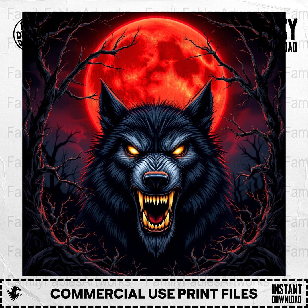 Red Moon Werewolf Art, Gothic Horror Illustration (PNG Digital File ...