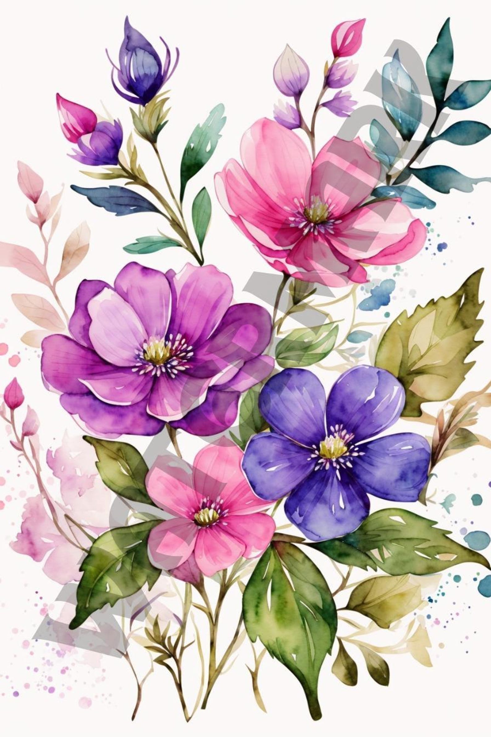 Floral Watercolor Art Print, Botanical Flower Wall Decor, Digital ...