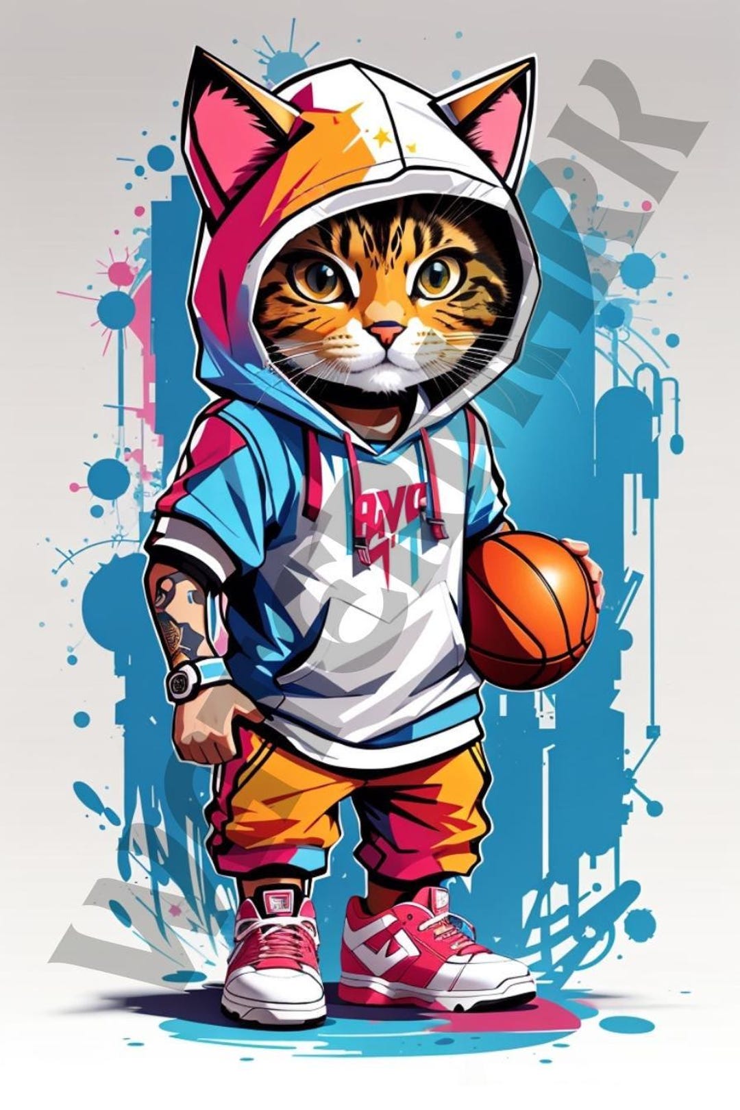 Hip Hop Cat Art Print, Basketball Cat Poster, Cool Cat Wall Art ...