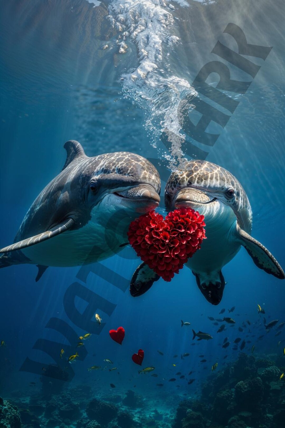 Romantic Dolphin Valentine Art Print, Underwater Love (digital Download ...