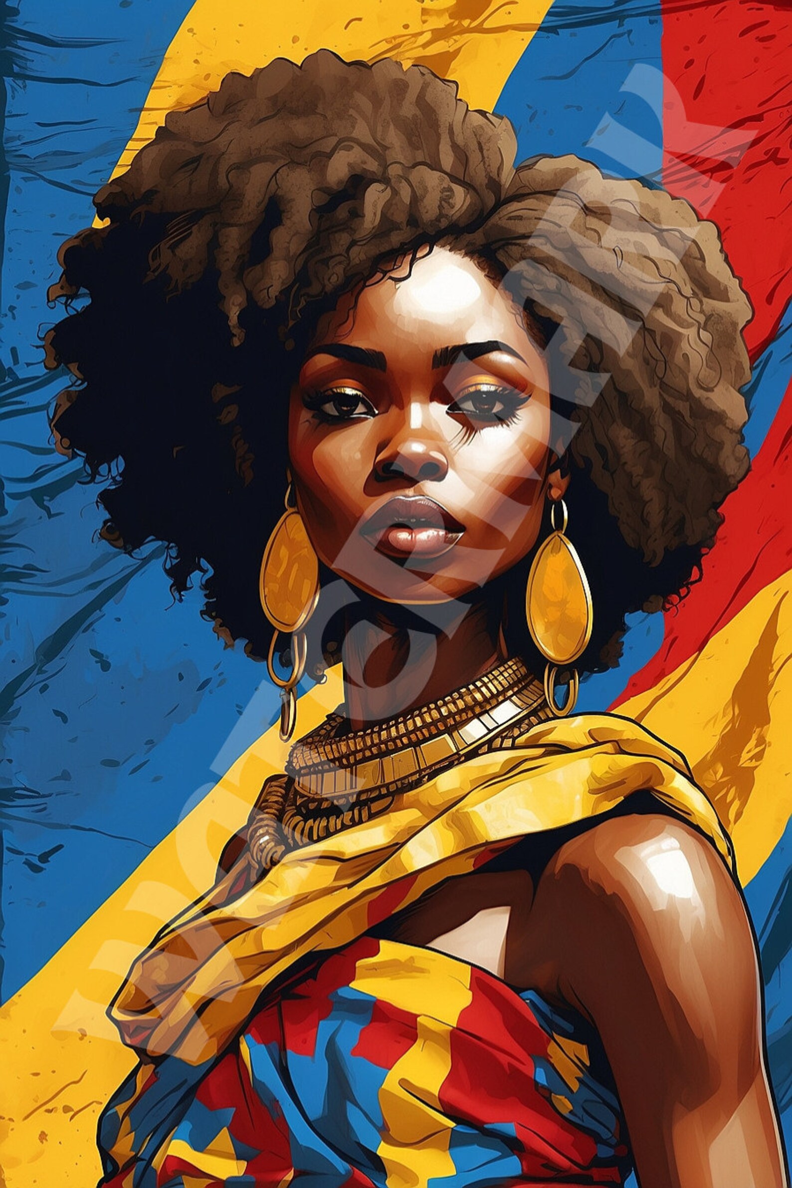 Congolese Woman Digital Art Portrait, Afro Hair Beauty, Vibrant Colors ...